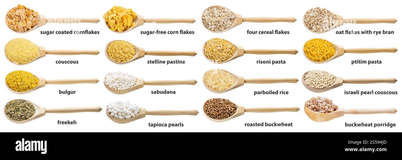 set of various precooked grains with names in wood spoons isolated on ...