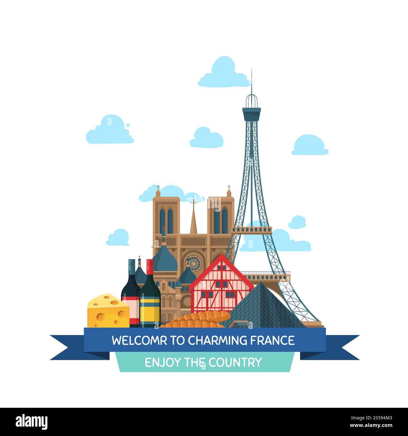 Vector cartoon France sights and objects under ribbon concept ...