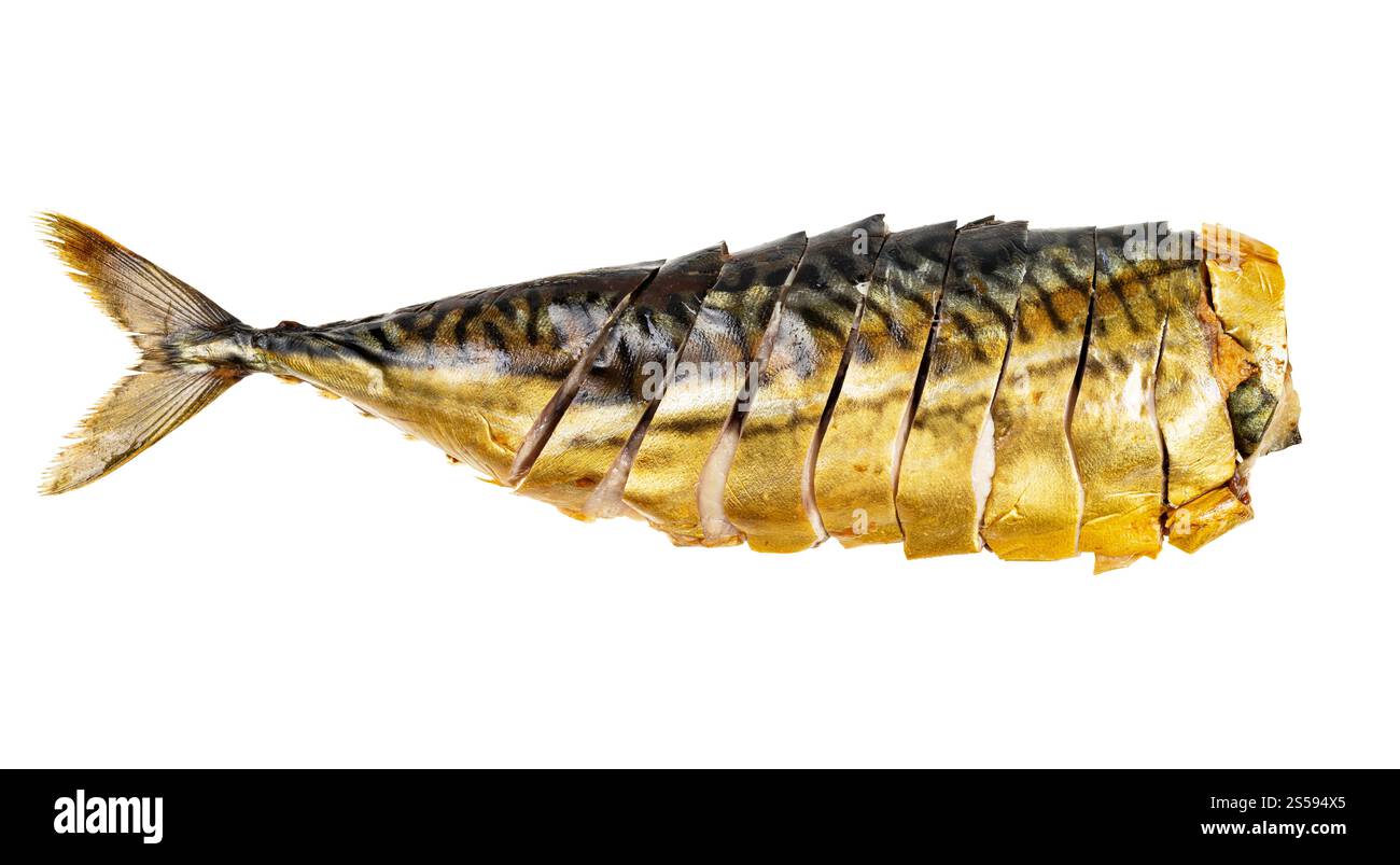 cold smoked headless mackerel cut into pieces isolated on white ...