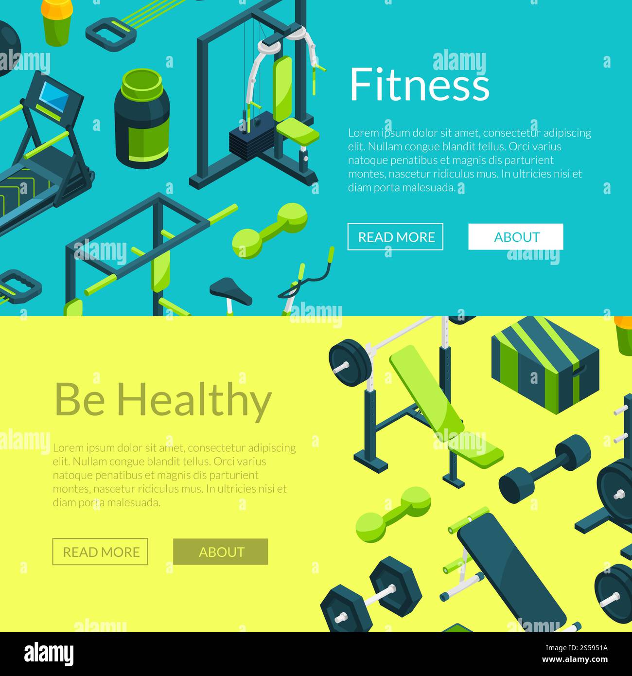 Fitness and power club cards. Vector isometric gym objects horizontal ...