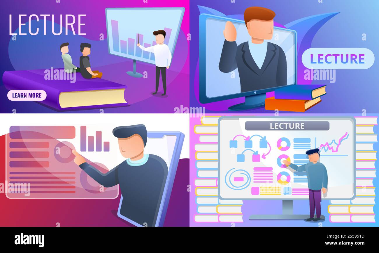 Lecture banner set. Cartoon illustration of lecture vector banner set ...