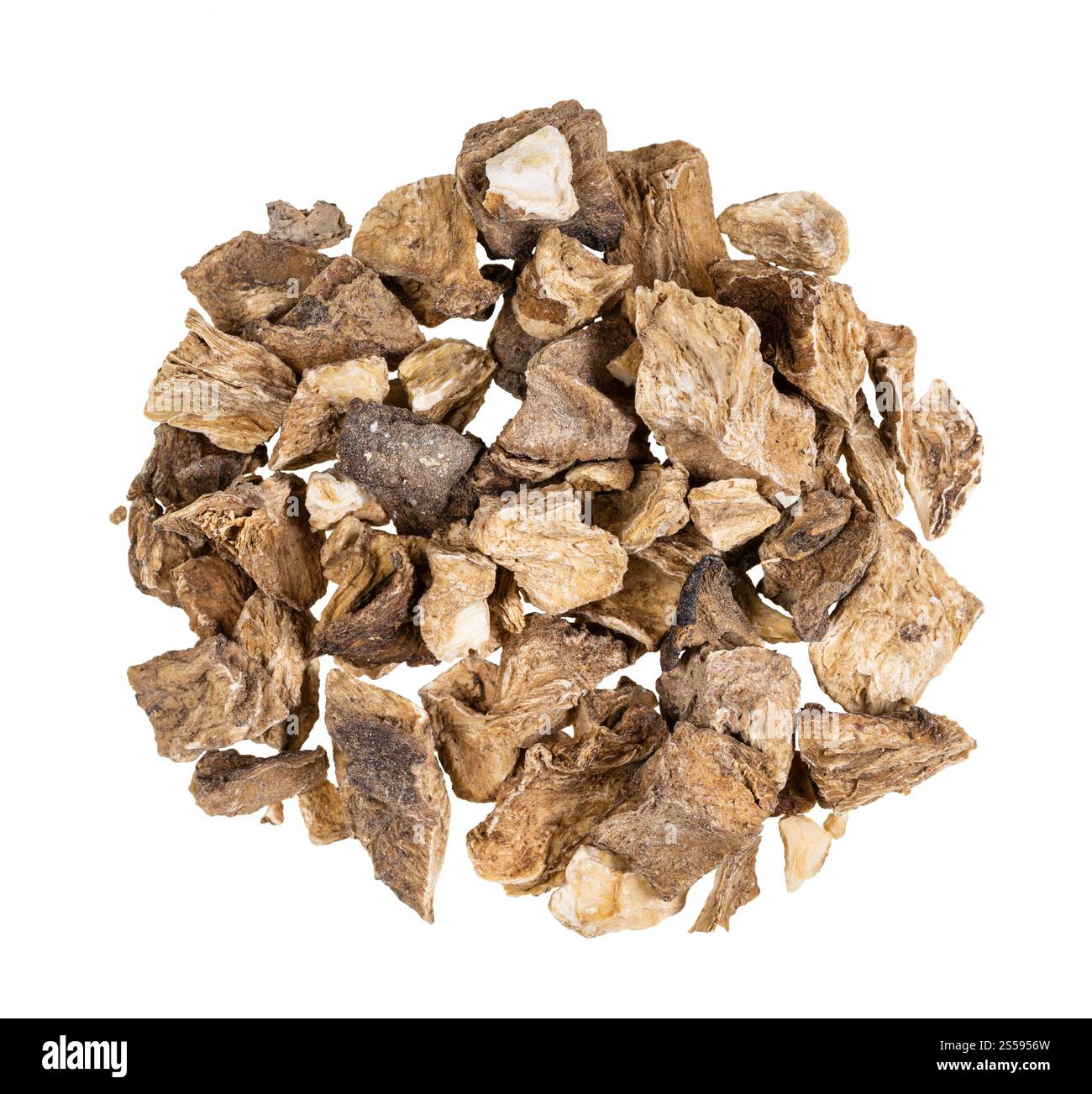 top view of pile of pieces of dried chicory roots isolated on white ...