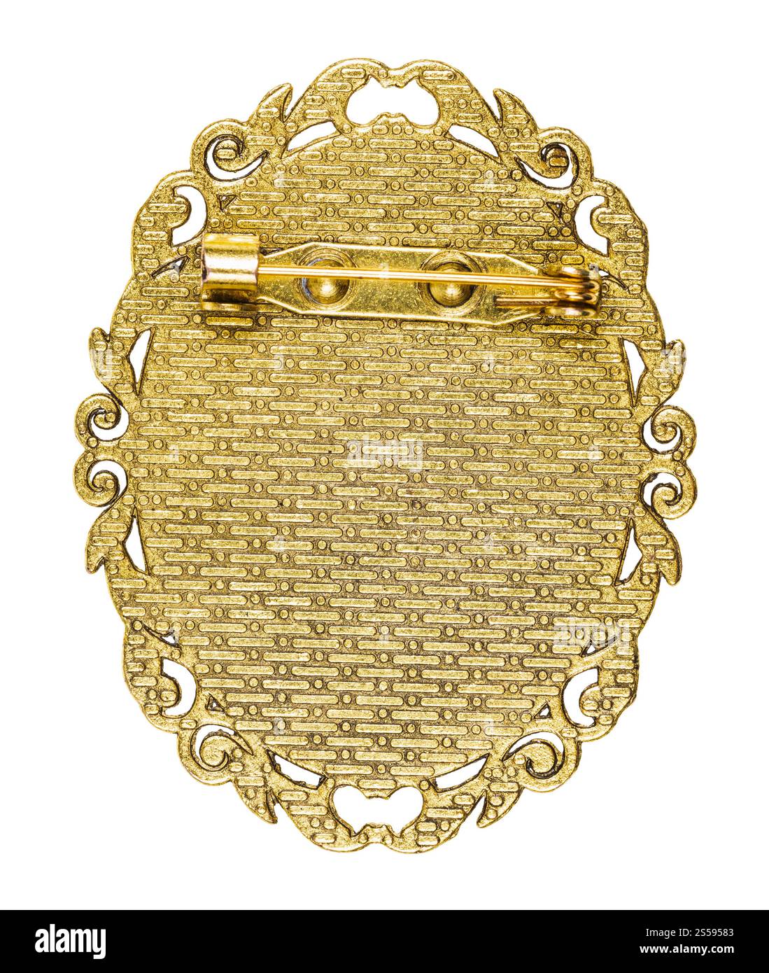 reverse side of brass brooch with pin isolated on white background ...