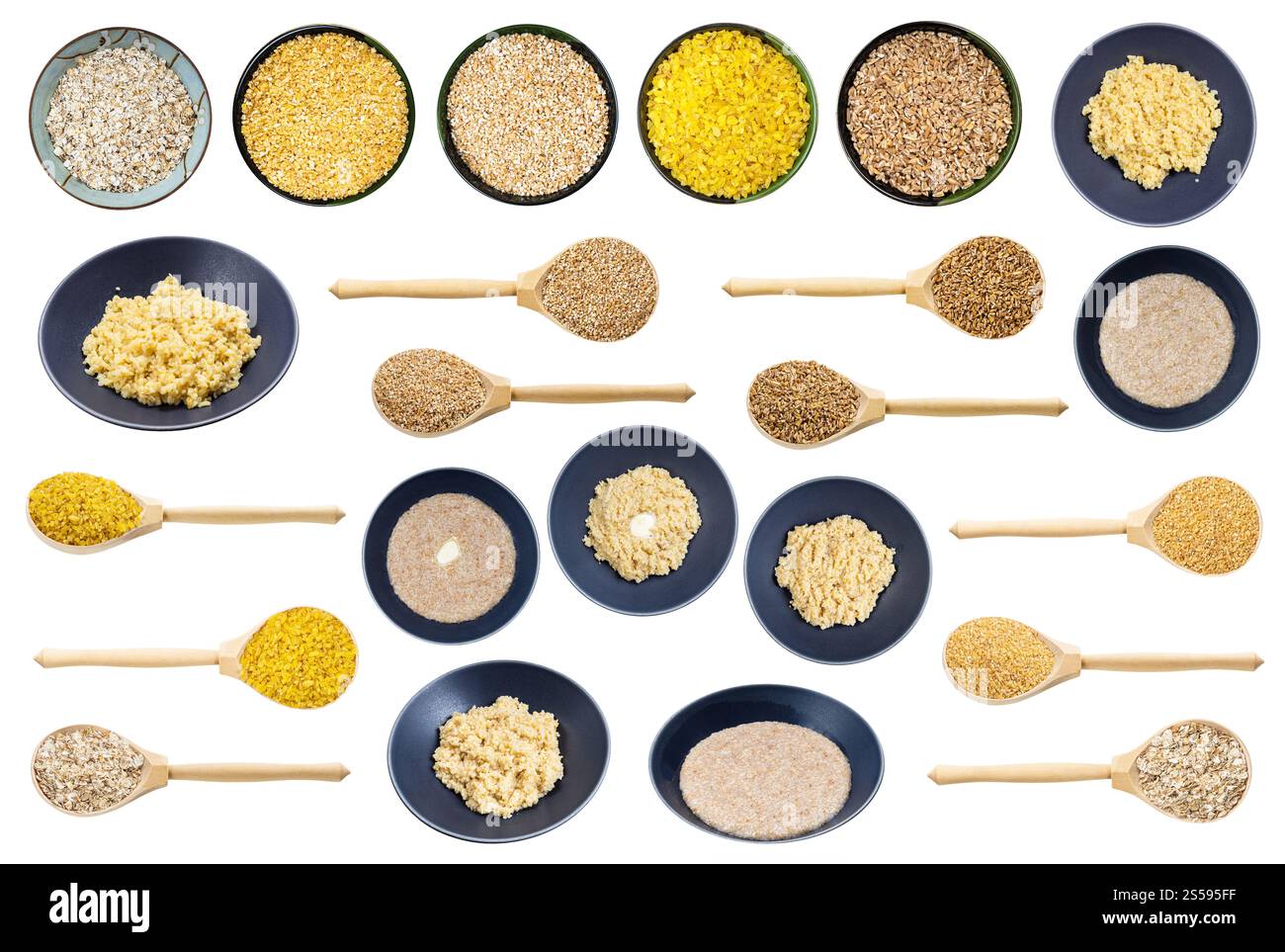 set of various cooked and raw crushed wheat groats isolated on white ...