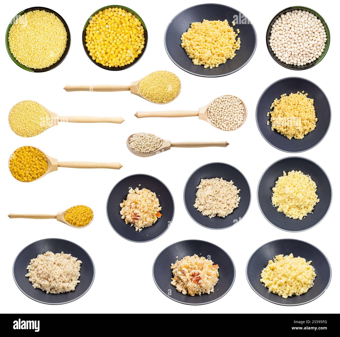 set of various cooked and raw couscous grains isolated on white ...