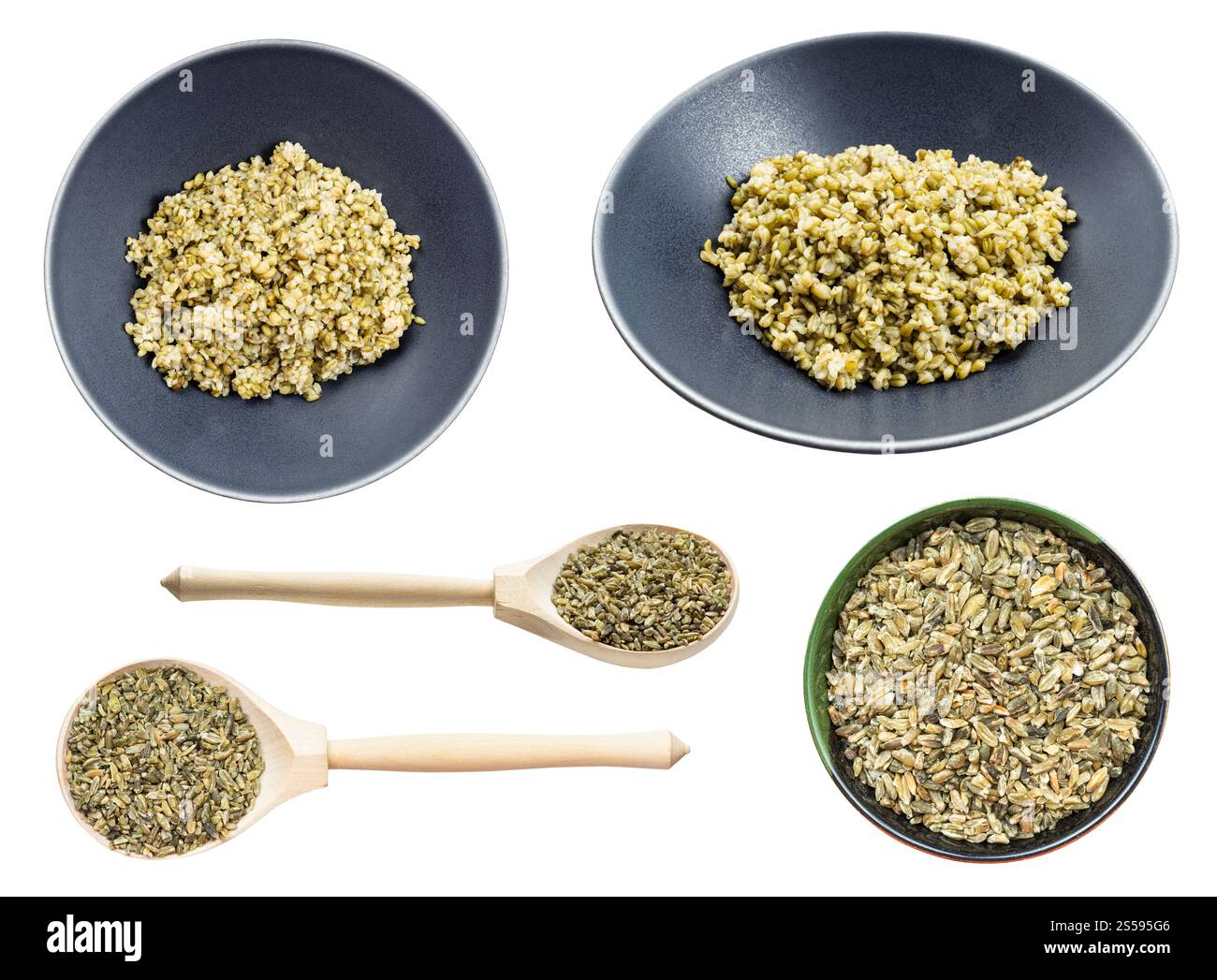set of cooked and dry freekeh wheat grains isolated on white background ...