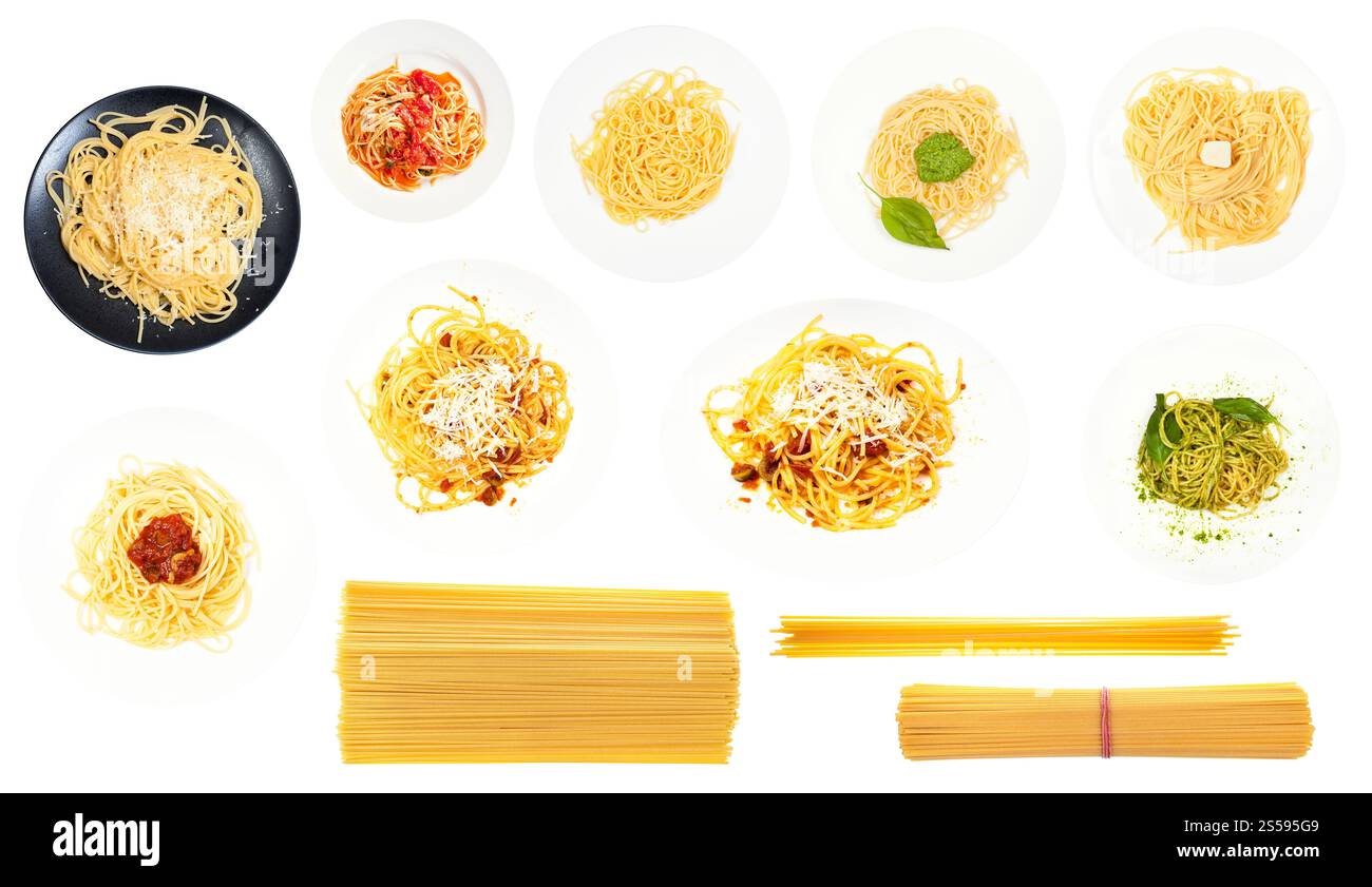 set of various cooked and dry spaghetti isolated on white background ...