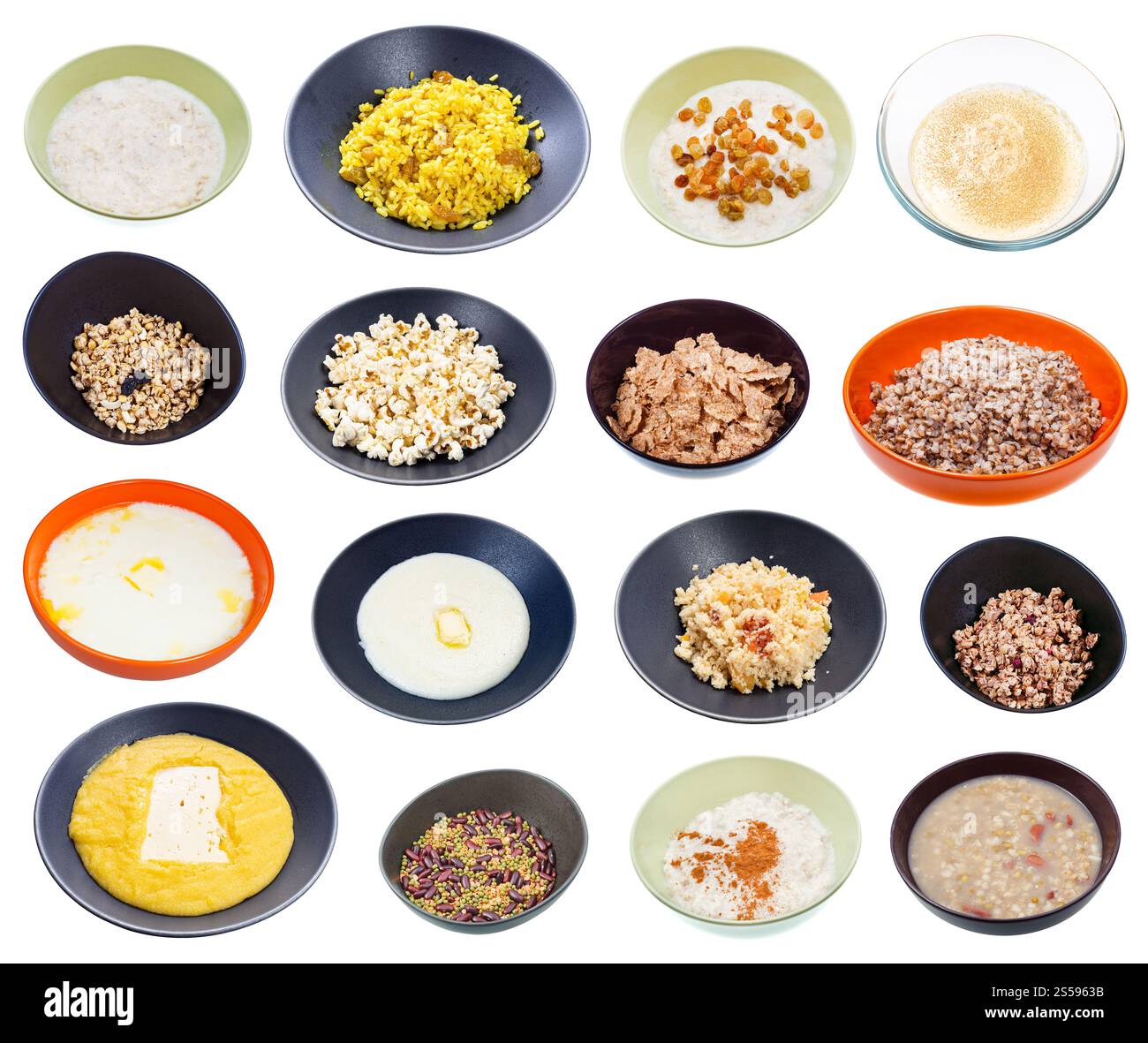 set of various cooked cereals and beans isolated on white background ...