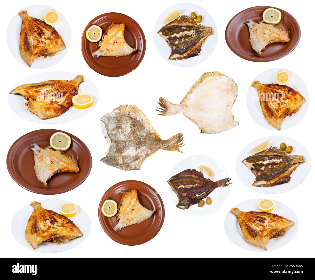 set of various fried and raw flounder fishes isolated on white ...