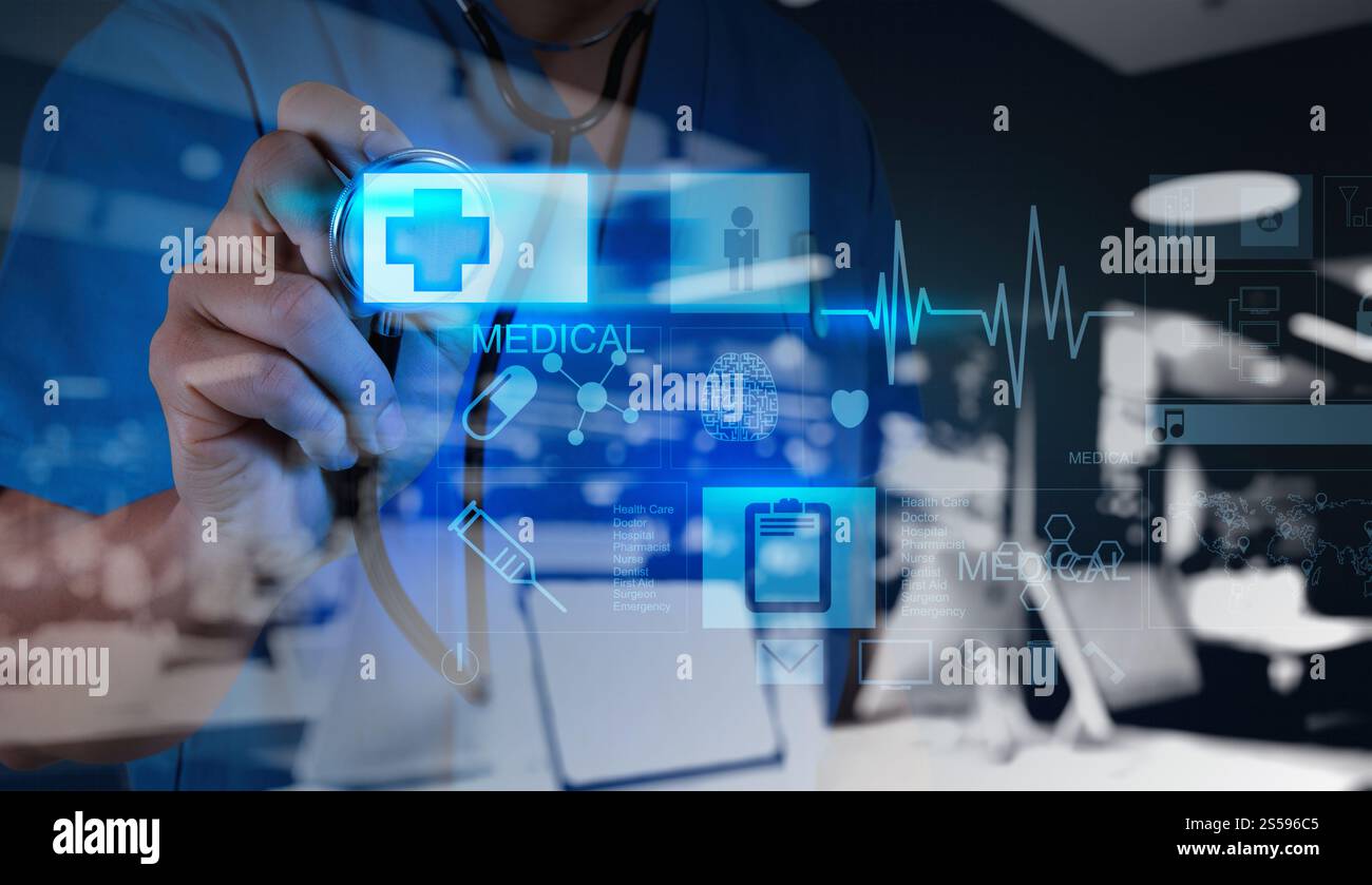 Medicine doctor pushing on first aid sign with modern computer ...