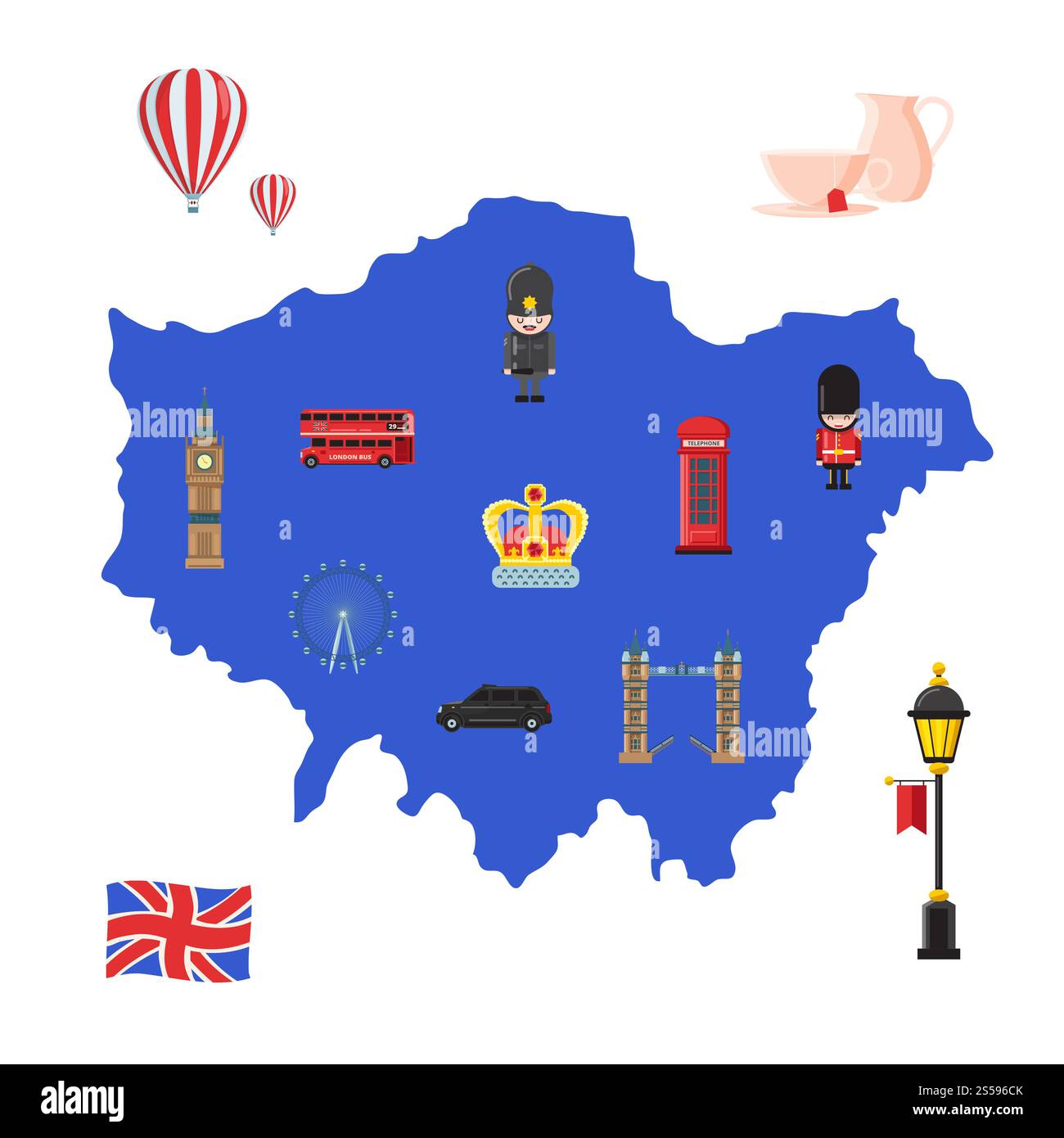 Vector cartoon London sights and objects on London silhouette map ...