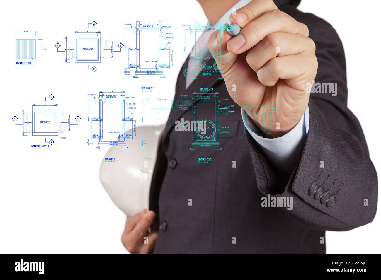 engineer drawing main hole sanitary diagram on virtual board Stock ...