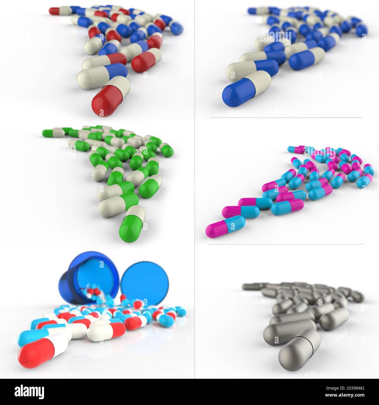 Pills spilling out of pill bottle on white background Stock Photo - Alamy