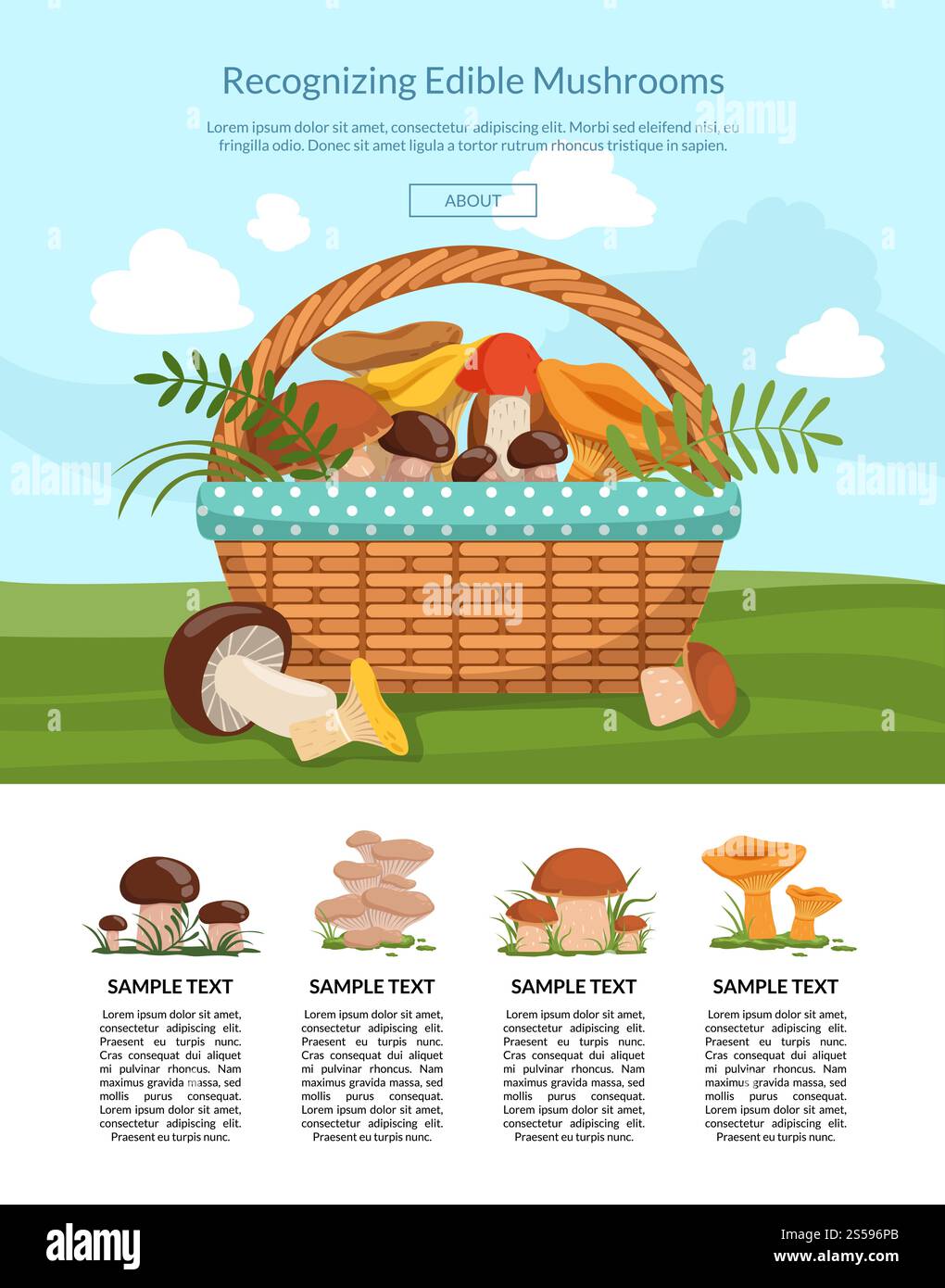 Vector landing page illustration with cartoon mushrooms. Food fungus ...