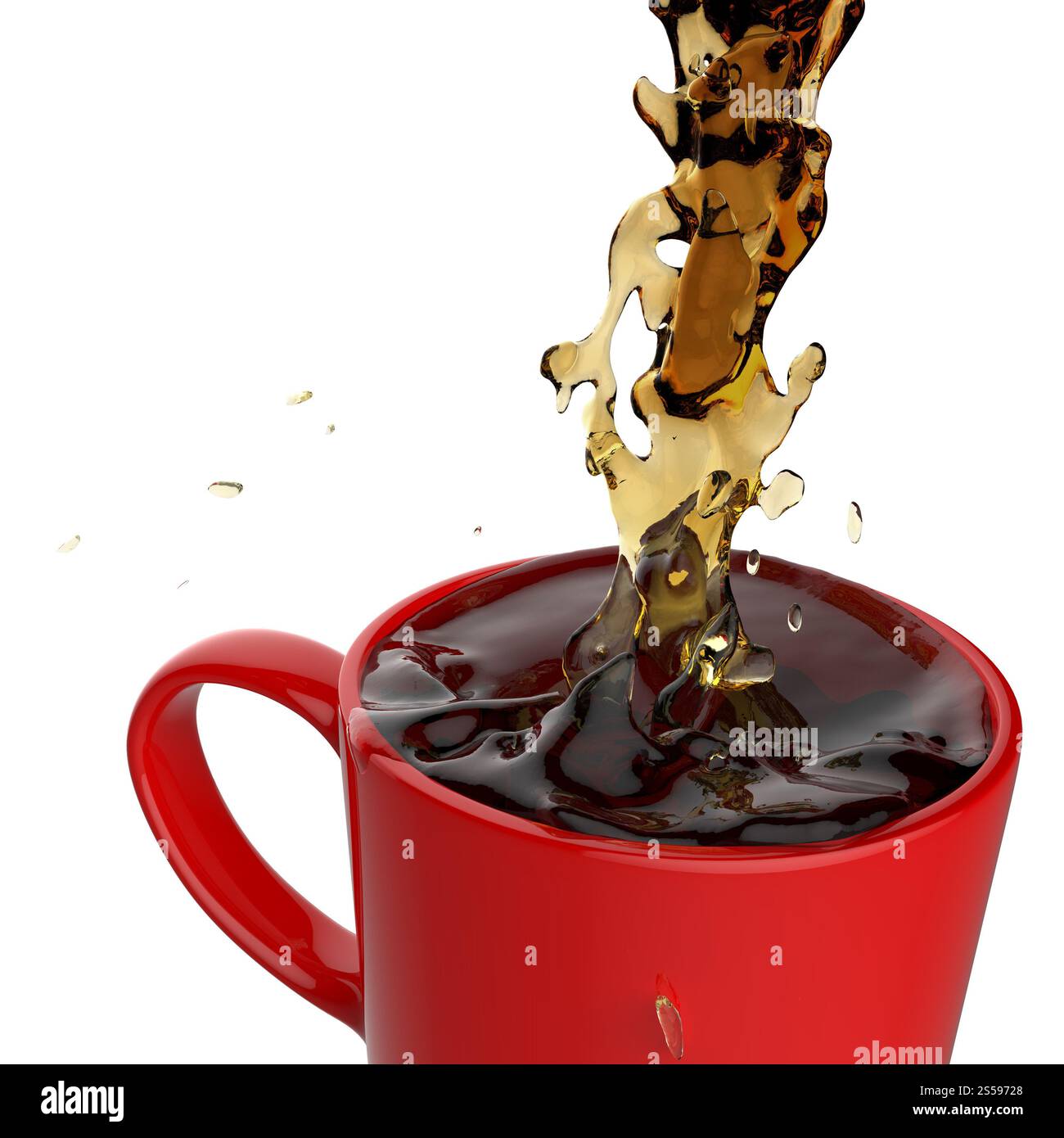 pouring coffee splashing into red mug. 3d on white background Stock ...