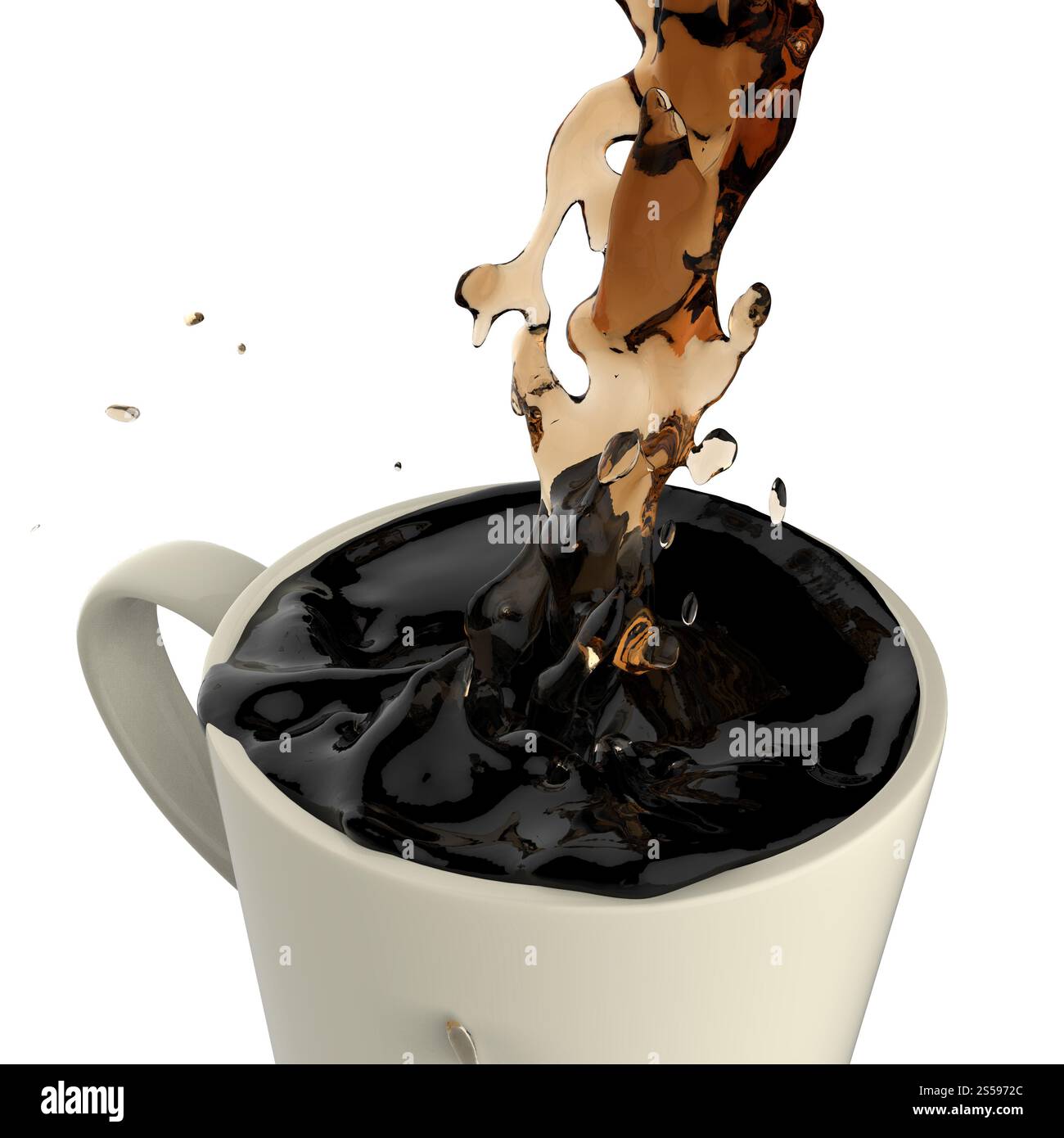 pouring coffee splashing into red mug. 3d on white background Stock ...