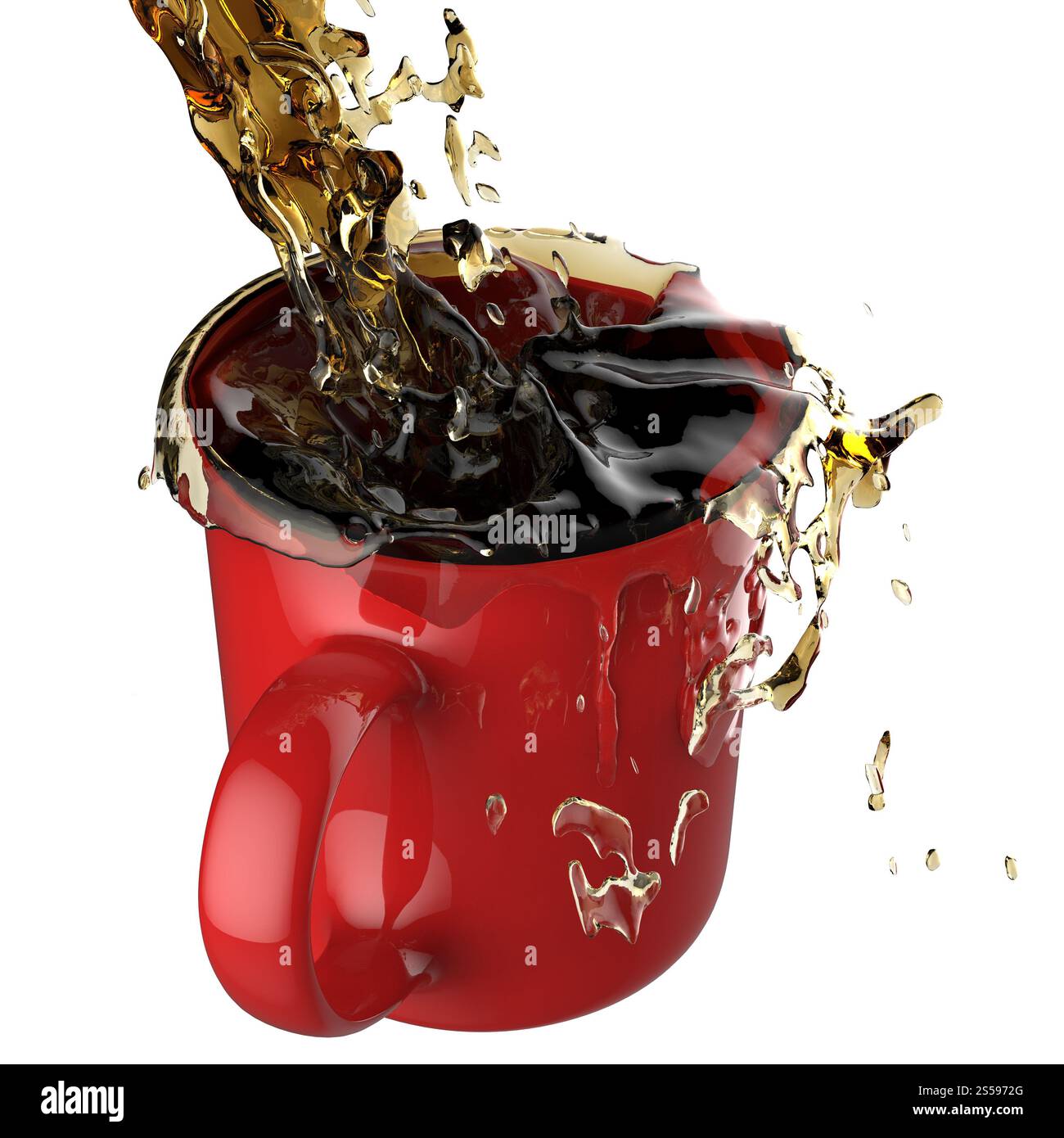 pouring coffee splashing into red mug. 3d on white background Stock ...