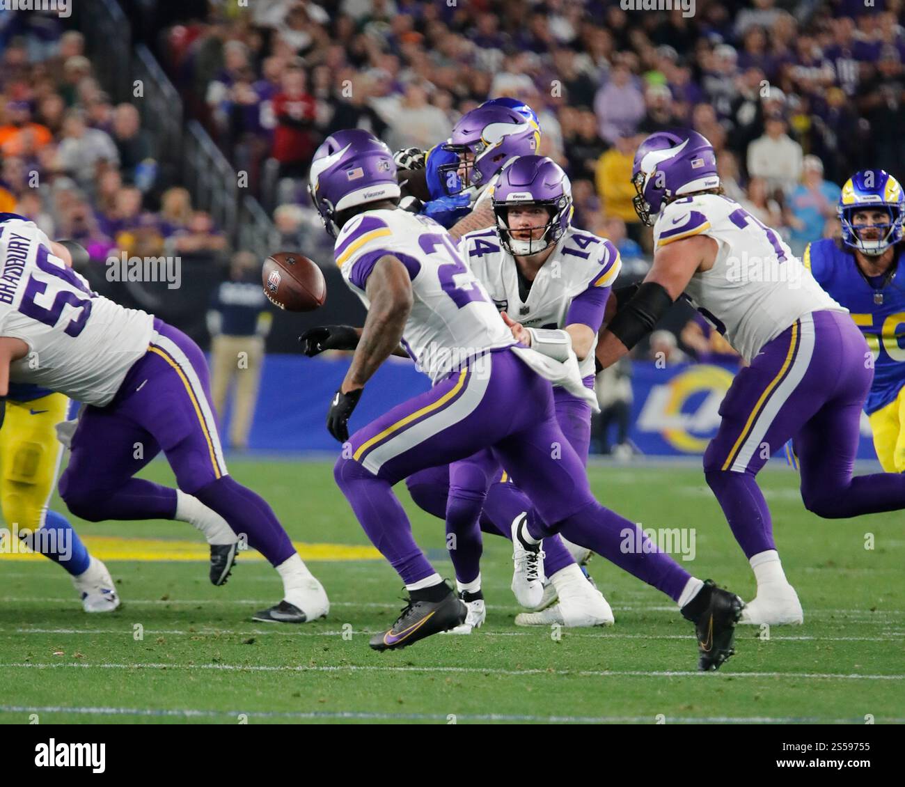 Glendale, Arizona, USA. 13th Jan, 2025. Minnesota Vikings quarterback Sam Darnold (14) pitches ...