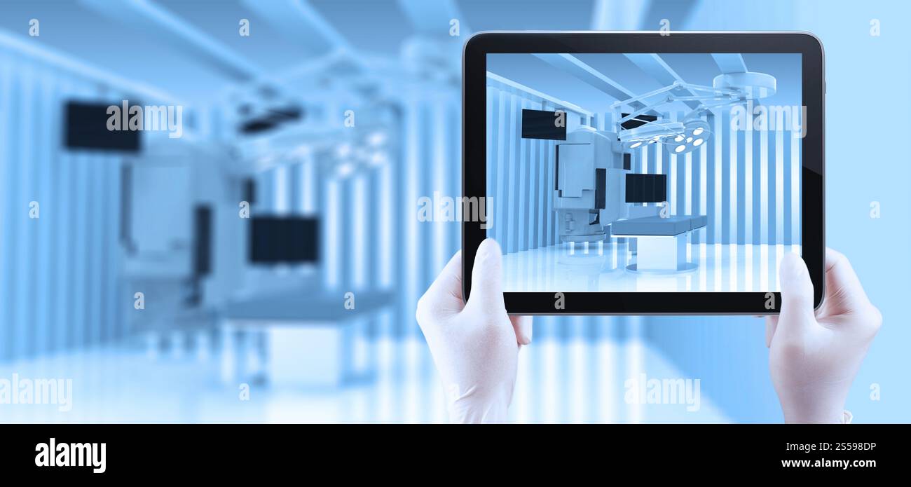hand using tablet computer show equipment and medical devices in modern ...
