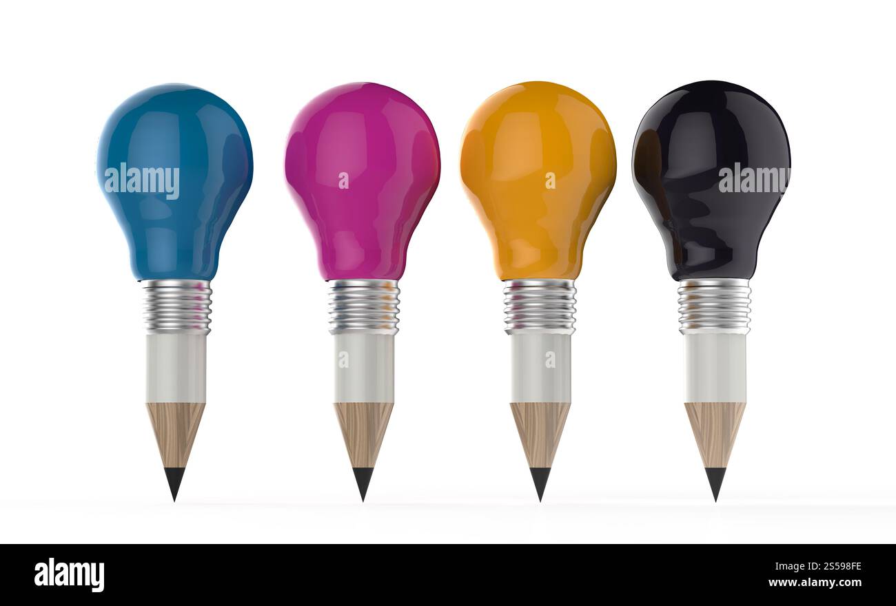 pencil lightbulb head in cmyk color as creative design concept Stock Photo - Alamy
