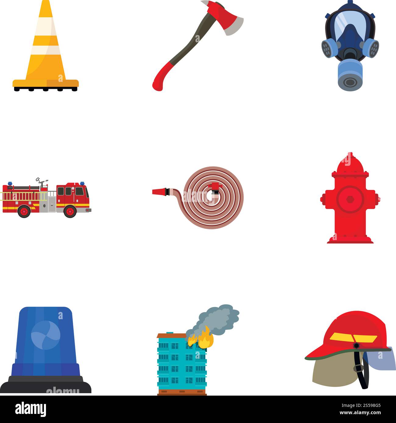 Firefighter icon set. Flat set of 9 firefighter vector icons for web ...