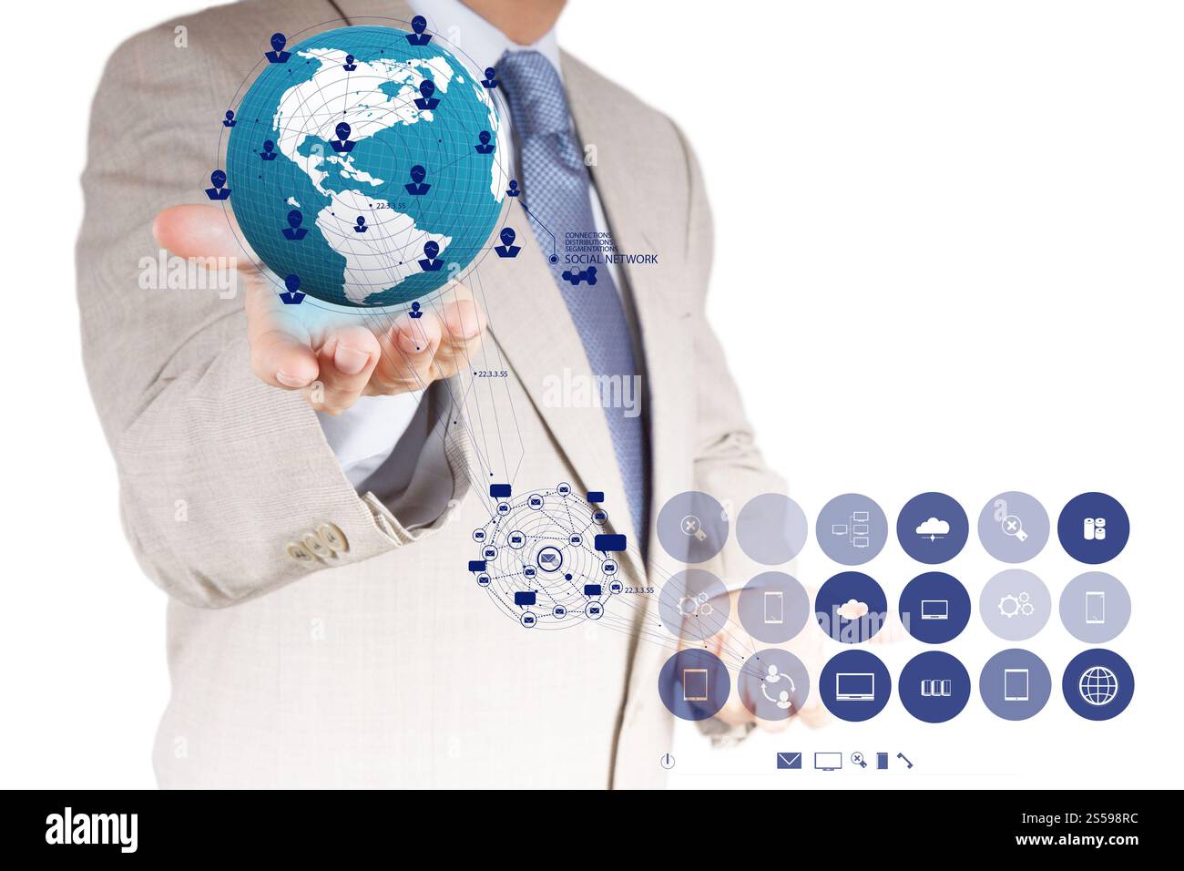 businessman hand working with new modern computer show the earth social ...