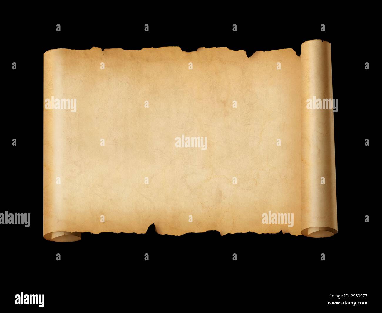 Old mediaeval paper sheet. Horizontal parchment scroll isolated on ...