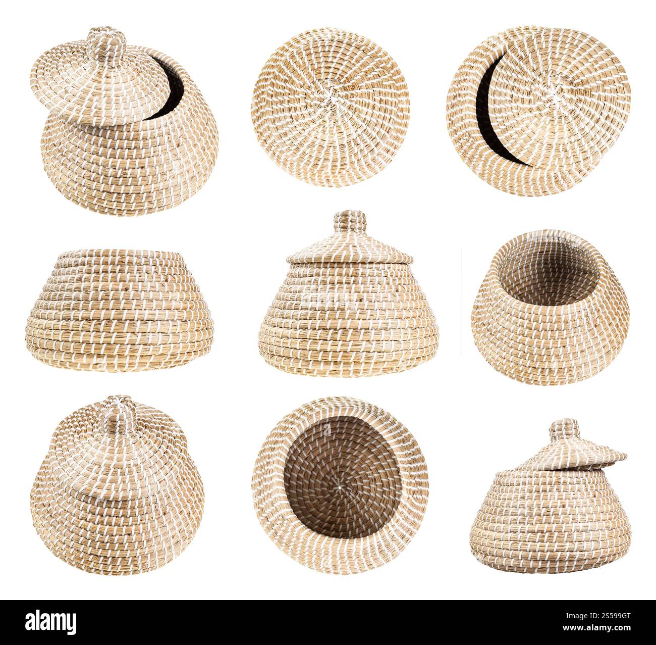 set of moroccan wicker baskets from seagrass isolated on white ...