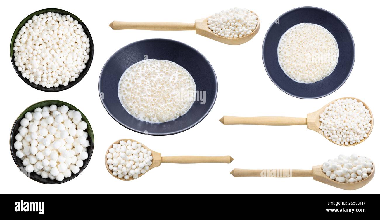 set of various boiled and raw sabudana (tapioca sago) balls isolated on ...