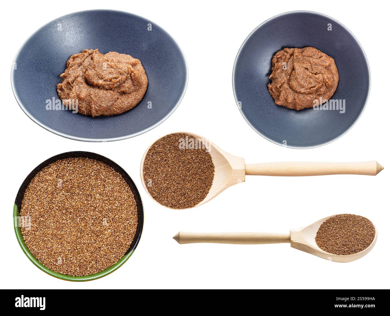 set of boiled and raw teff seeds isolated on white background Stock ...