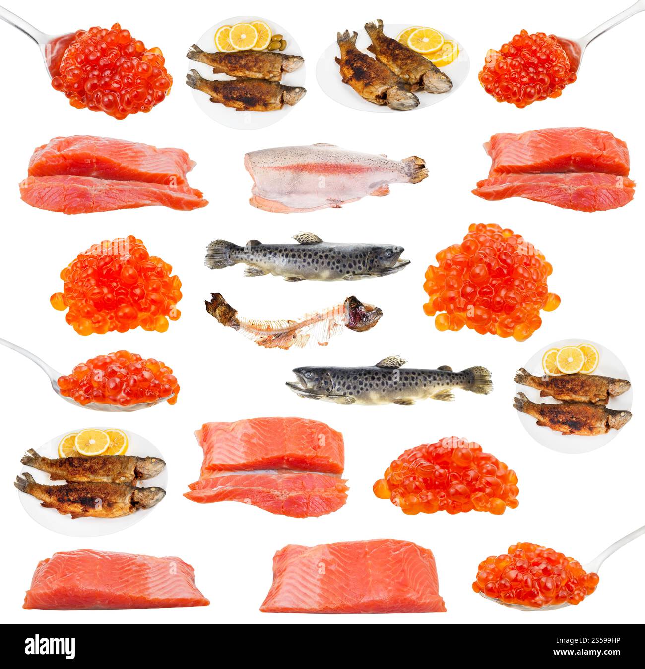 set of various cooked and raw trout fishes isolated on white background ...