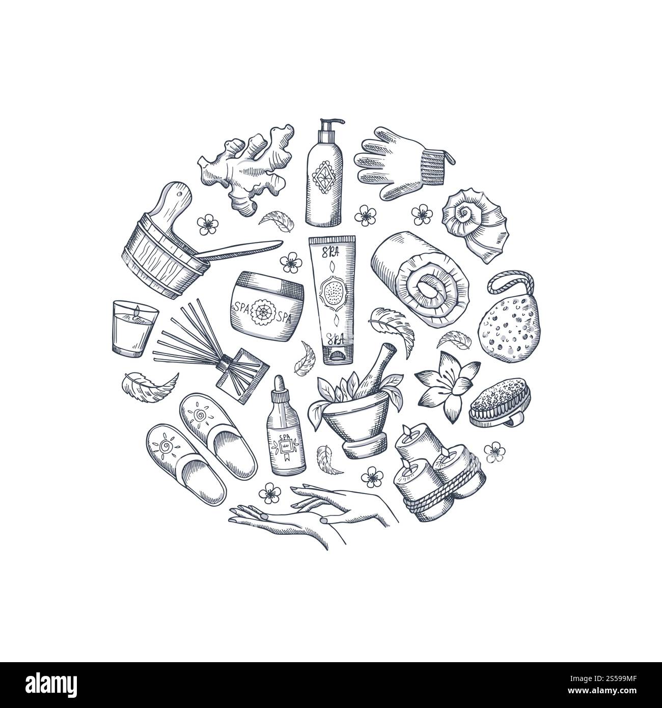 Vector hand drawn spa elements in circle shape illustration isolated on white. Vector hand drawn ...