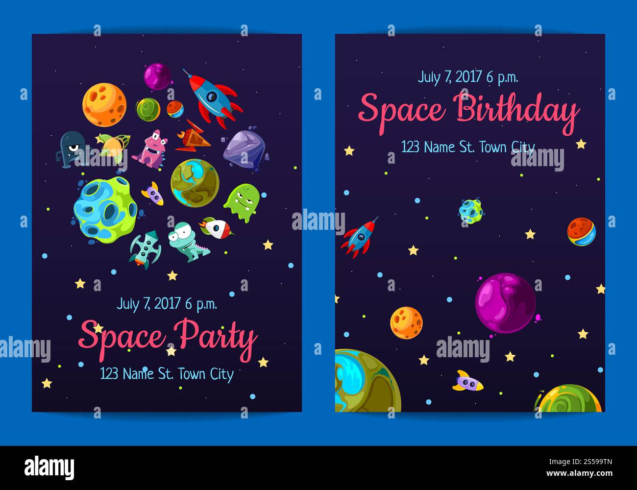Vector space birthday party invitation templates card of set with space ...