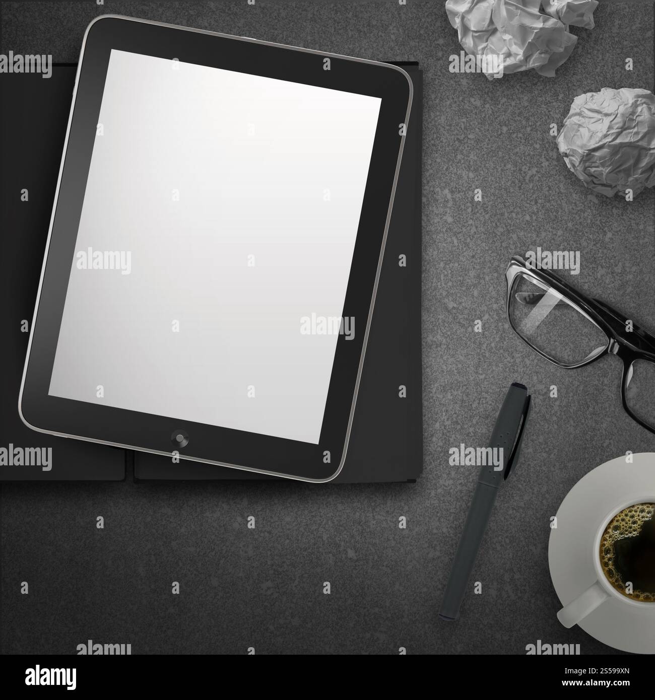 3d empty tablet and a cup of coffee with note pad on the stone desk ...