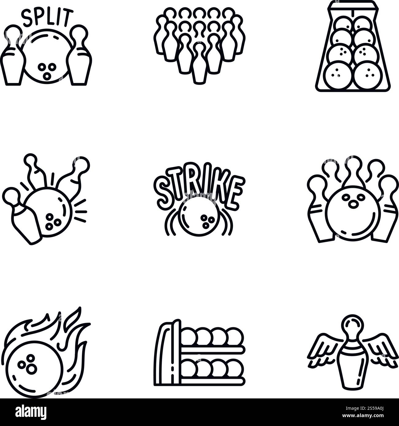 Bowling game icon set. Outline set of 9 bowling game vector icons for ...