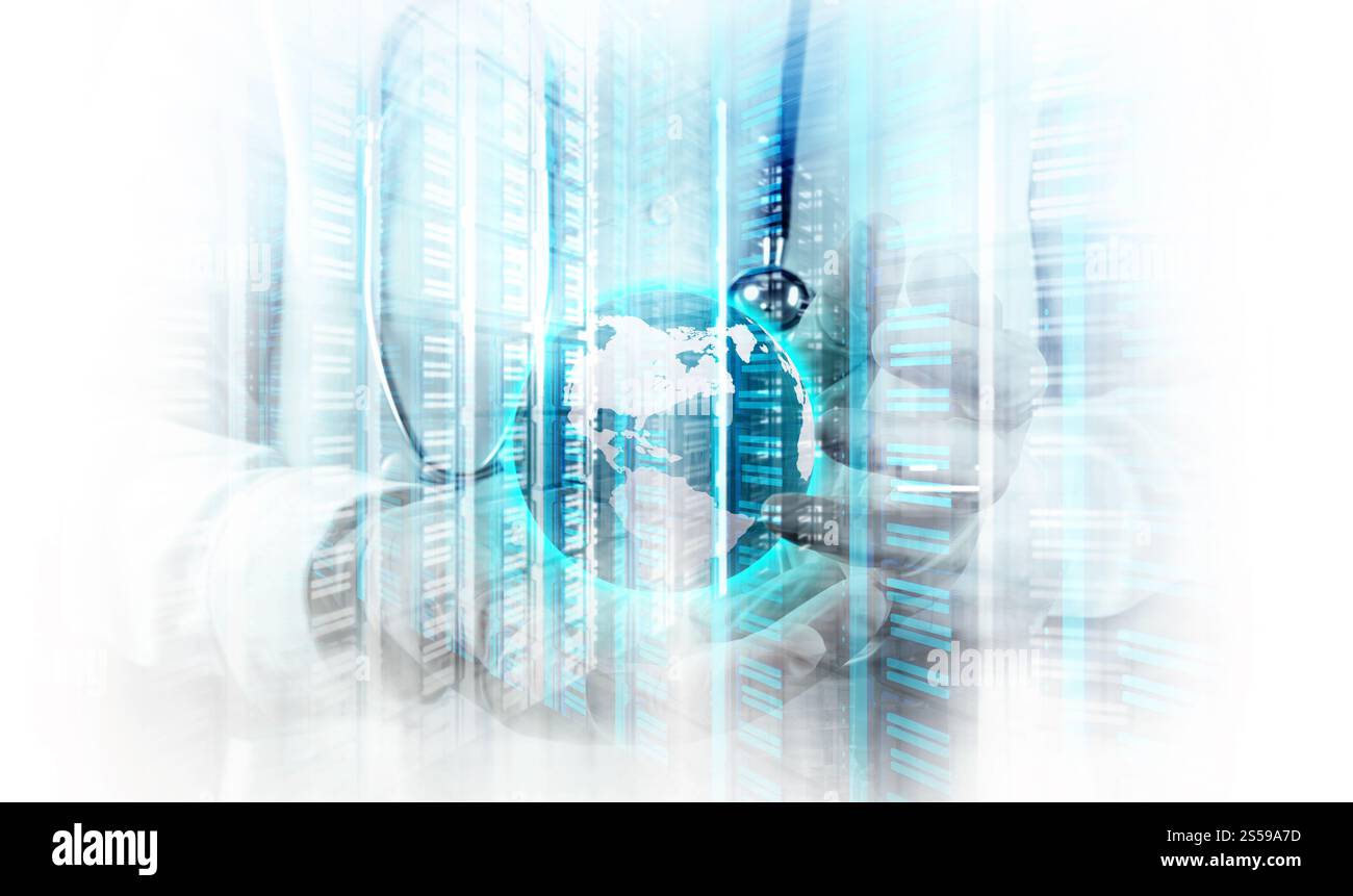 Double exposure of smart medical doctor holding the world with ...