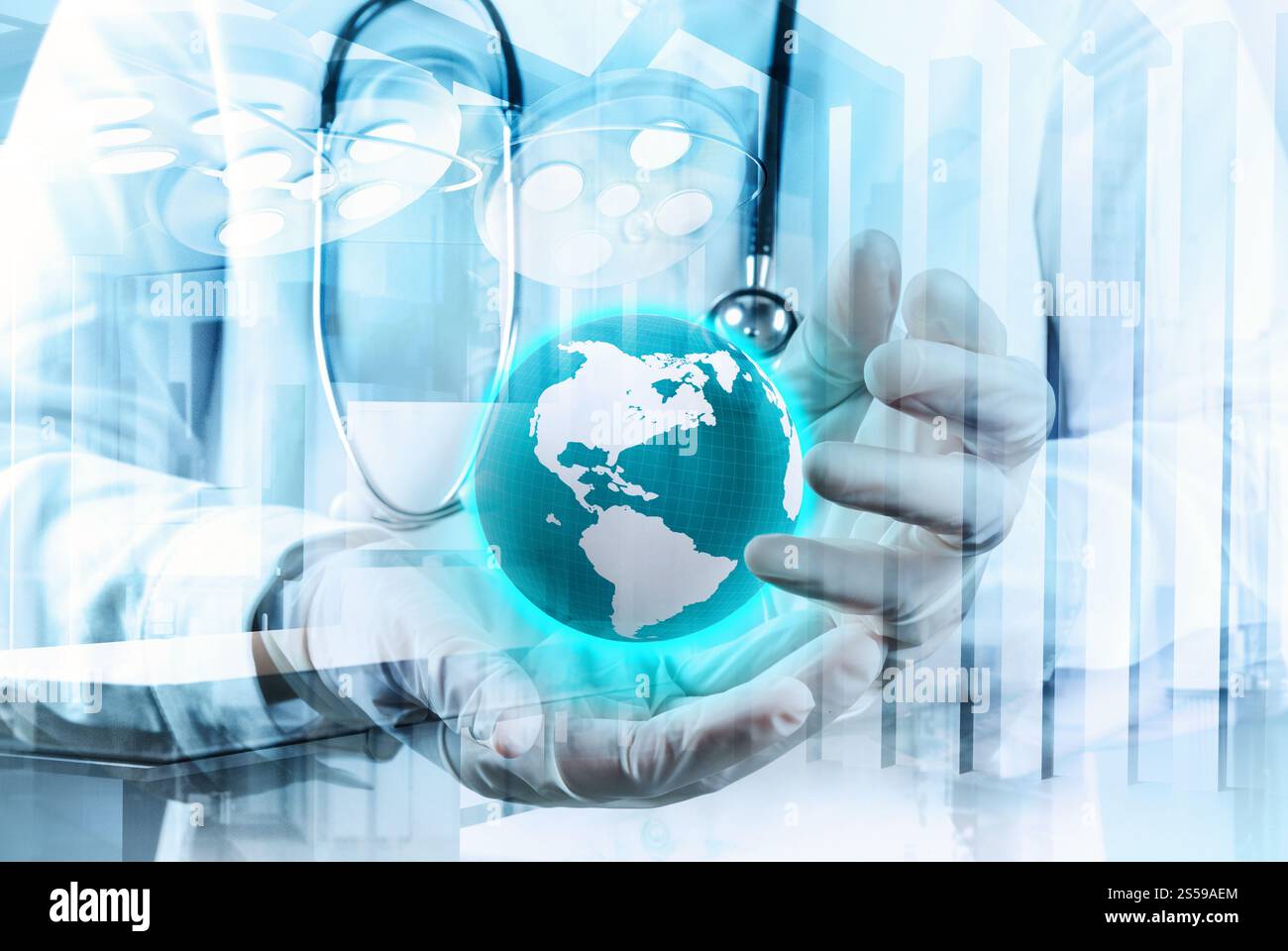 Double exposure of smart medical doctor holding the world with ...
