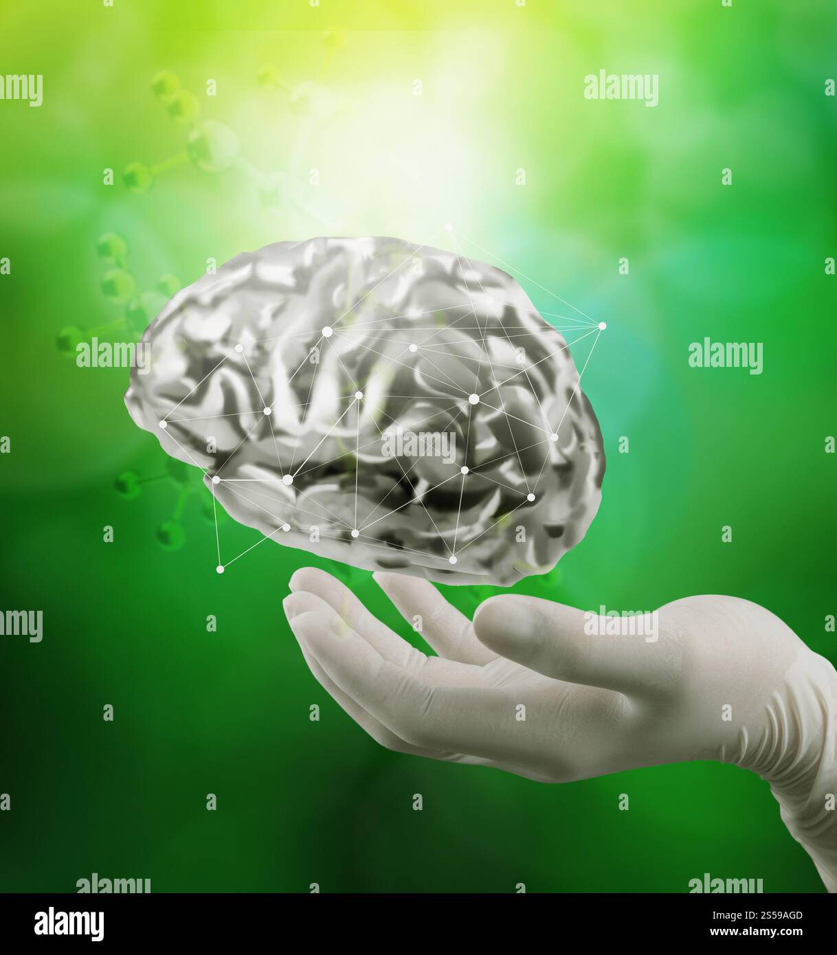 doctor neurologist hand show metal brain with green background as ...