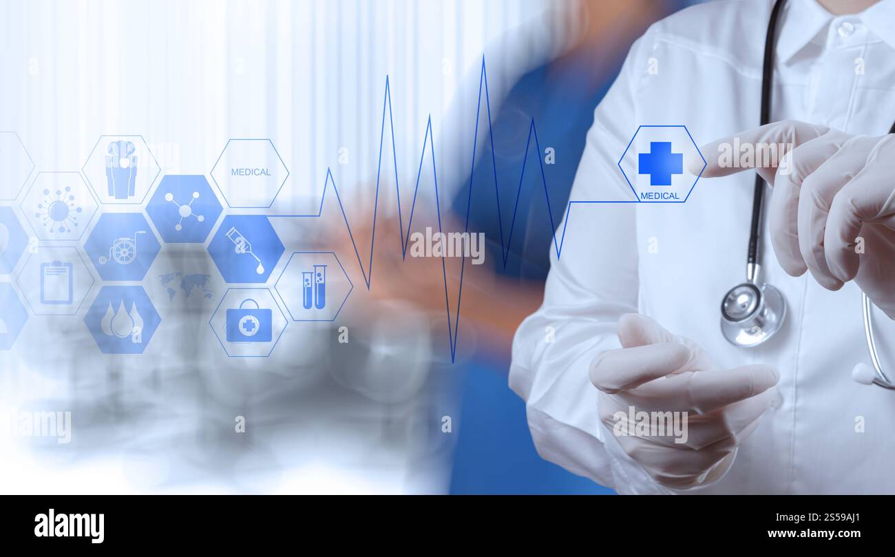 Medicine doctor hand working with modern computer interface as medical ...