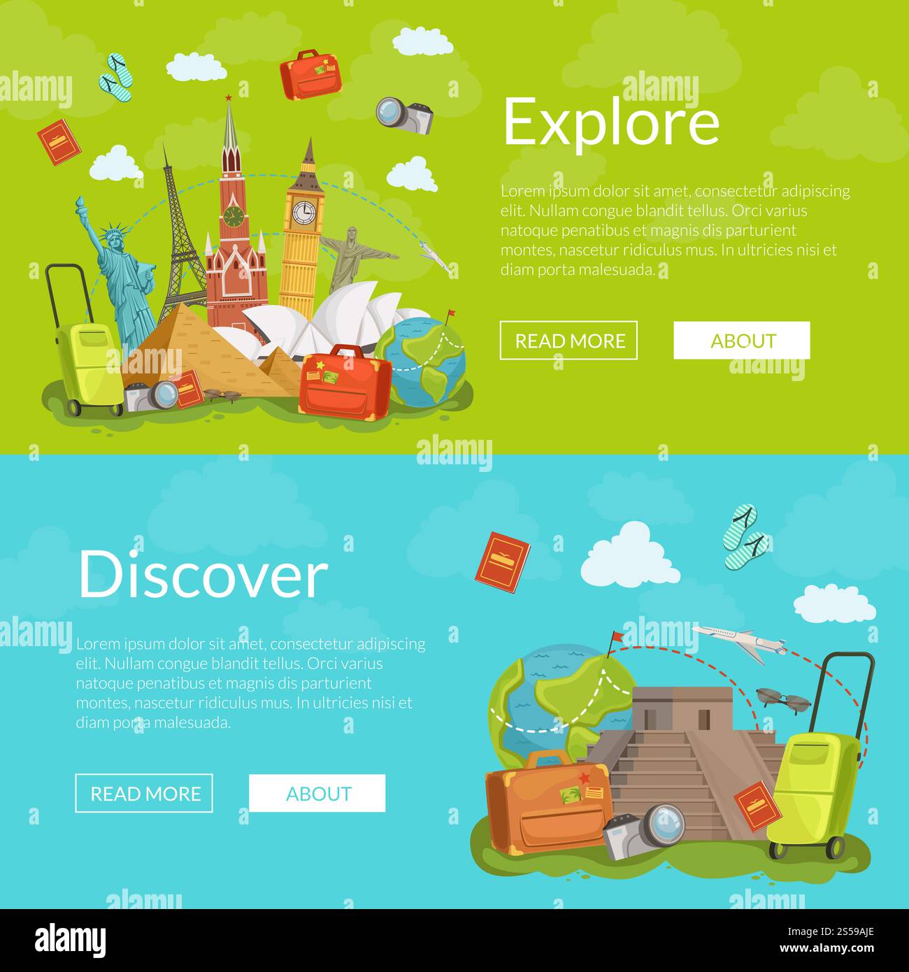 Vector horizontal web banners illustration. Travel discover and explore ...