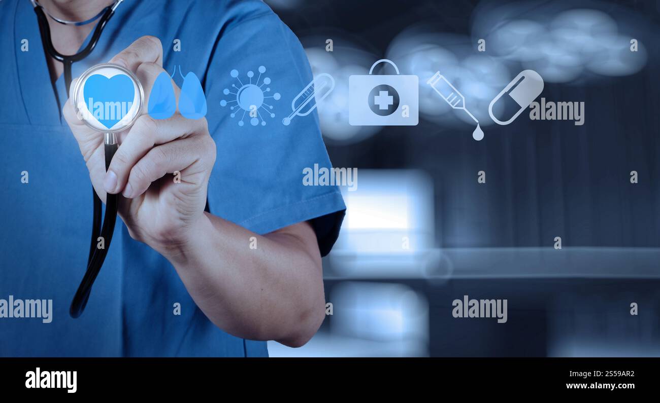 Medicine doctor hand working with modern computer interface as medical ...