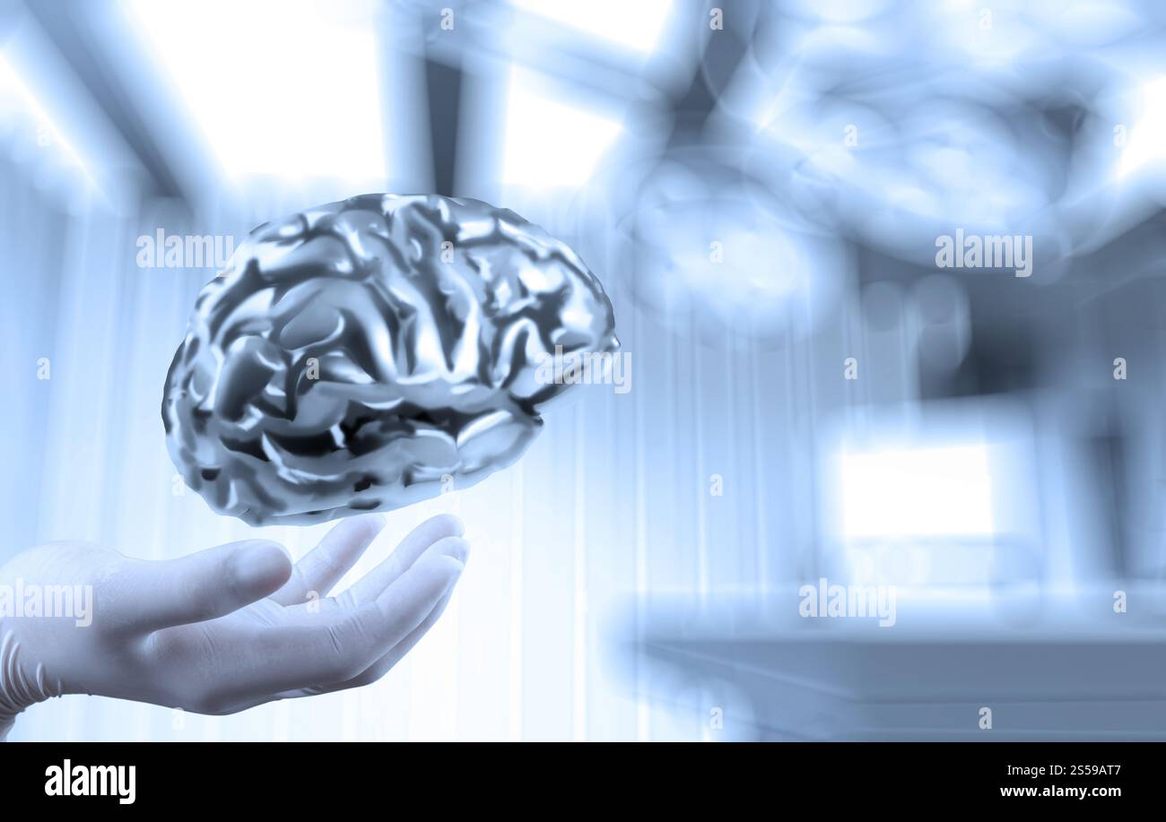 doctor neurologist hand show metal brain with computer interface as ...