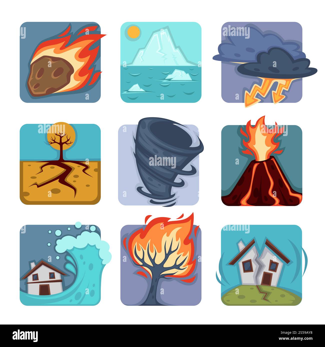 Natural disasters vector flat icons set. Nature catastrophe volcano ...
