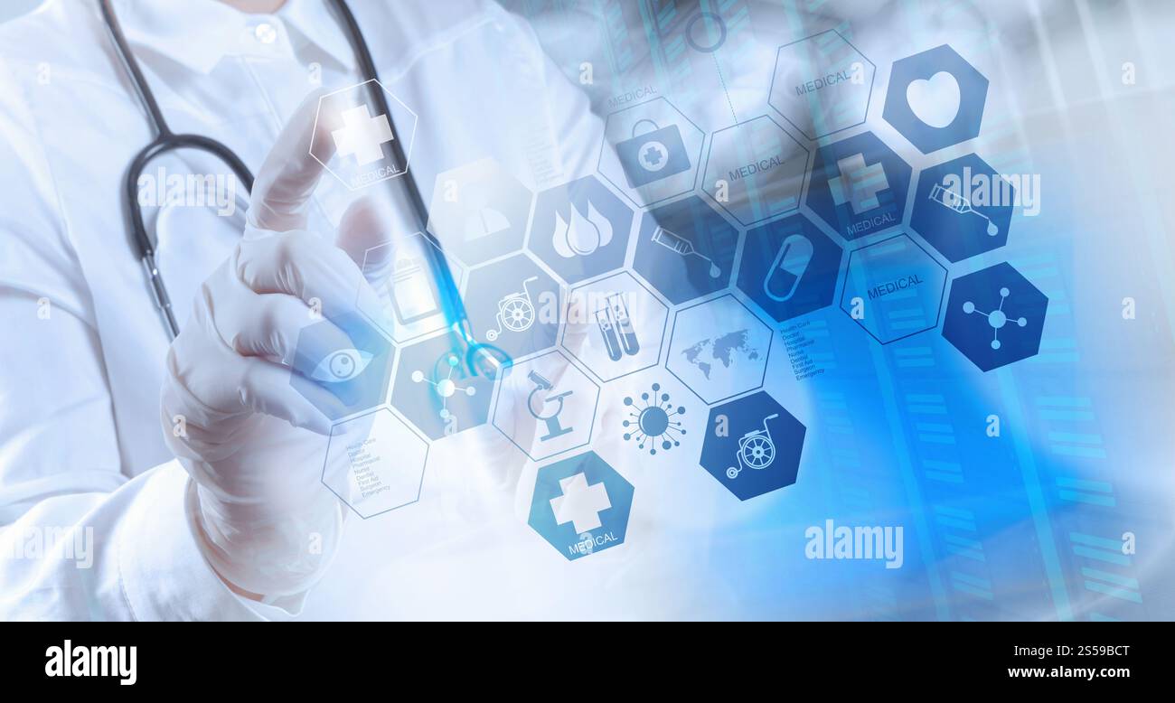 Medicine doctor hand working with modern computer interface as concept ...