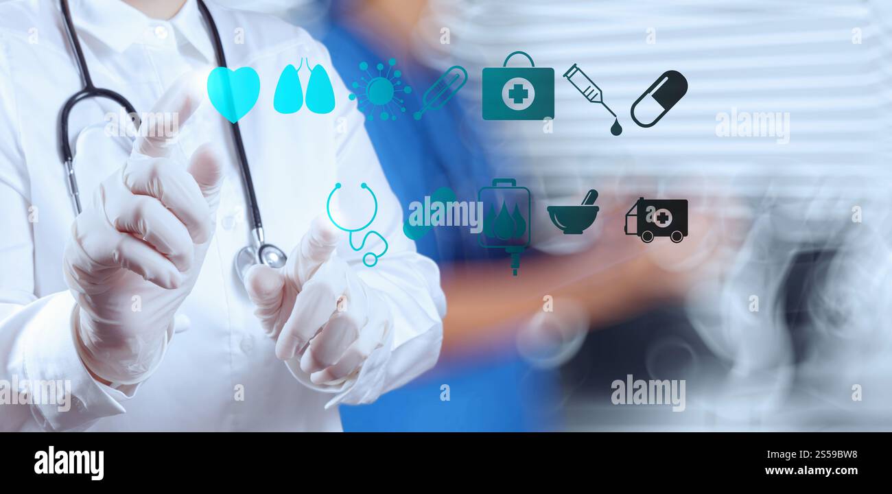 Medicine doctor hand working with modern computer interface as medical ...