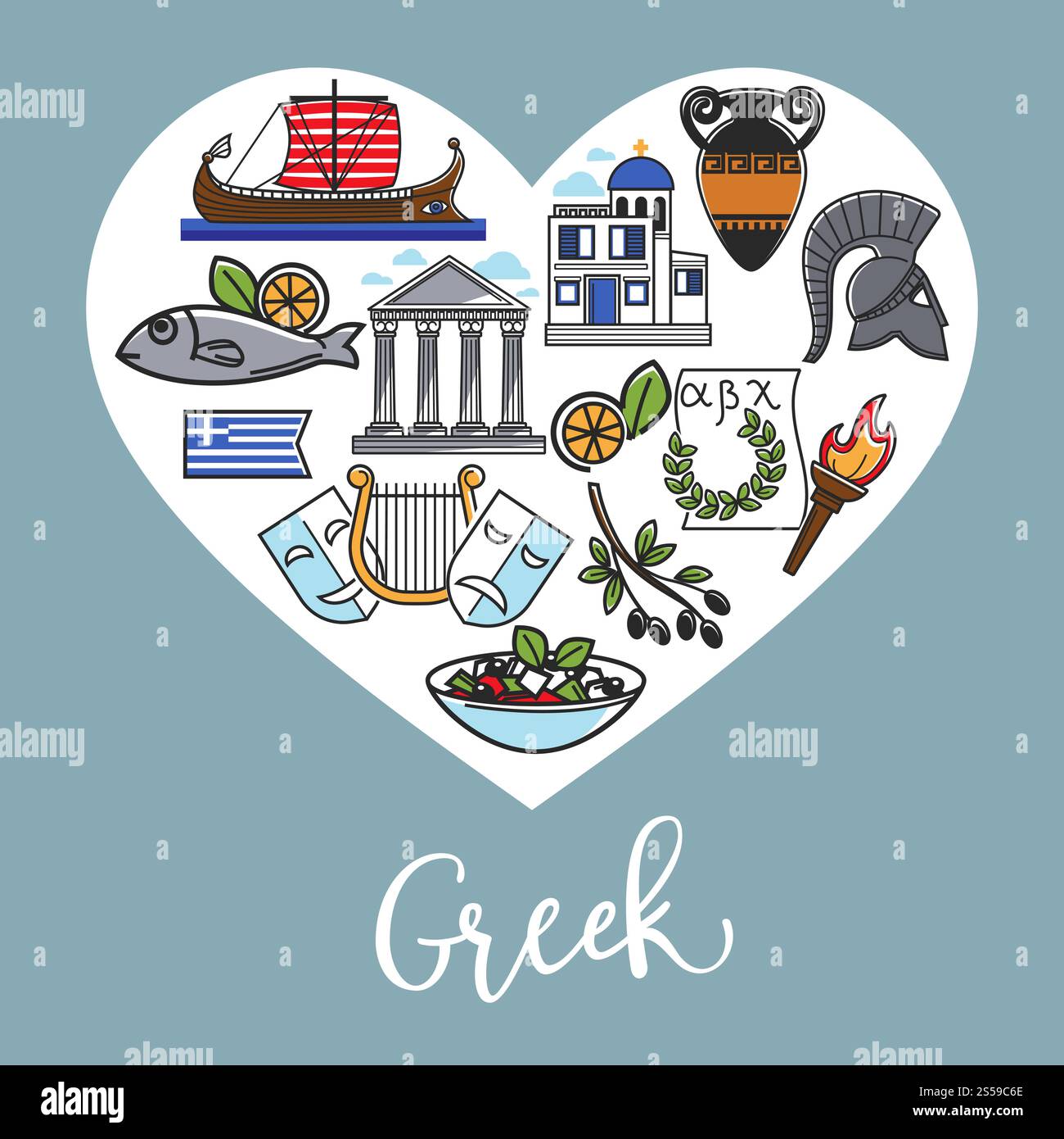 Greek national symbols inside heart shape promotional poster delicious ...