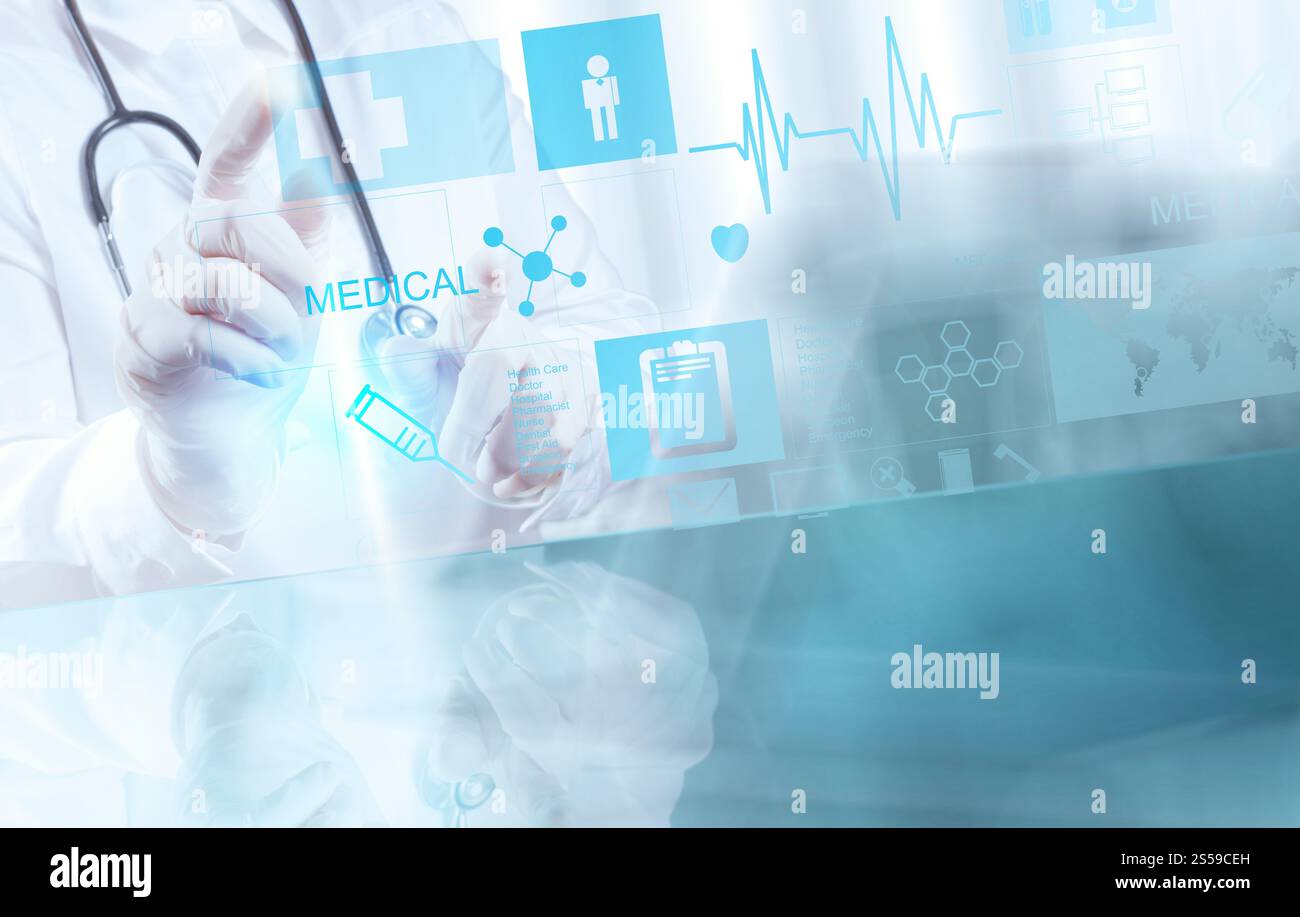 Medicine doctor hand working with modern computer interface as medical ...
