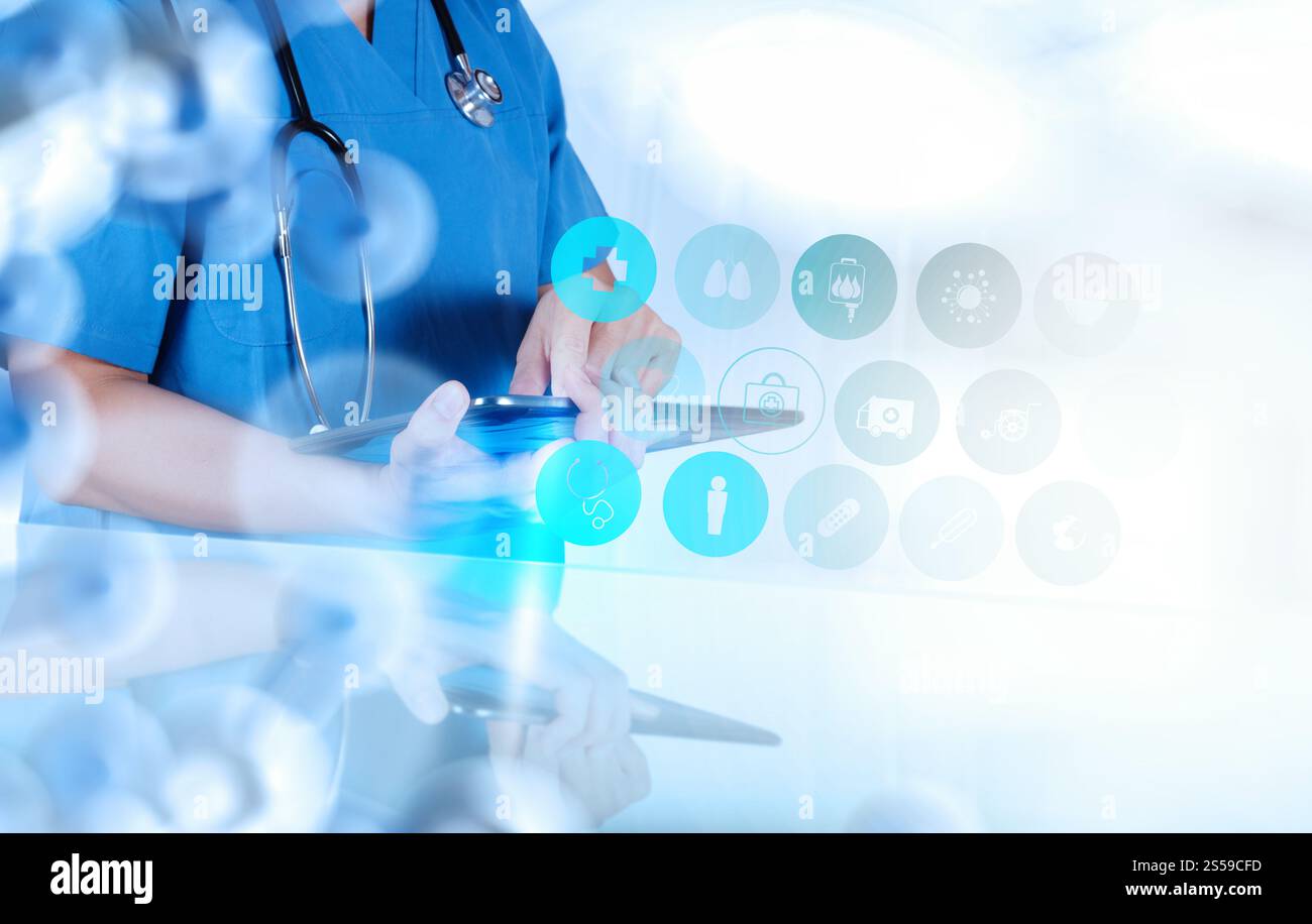 Medicine doctor hand working with modern computer interface as medical ...