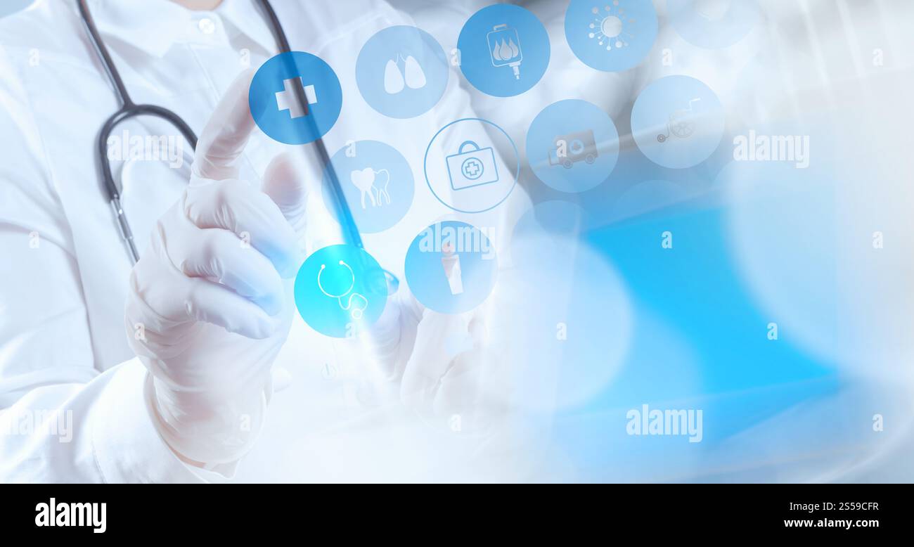 Medicine doctor hand working with modern computer interface as medical ...