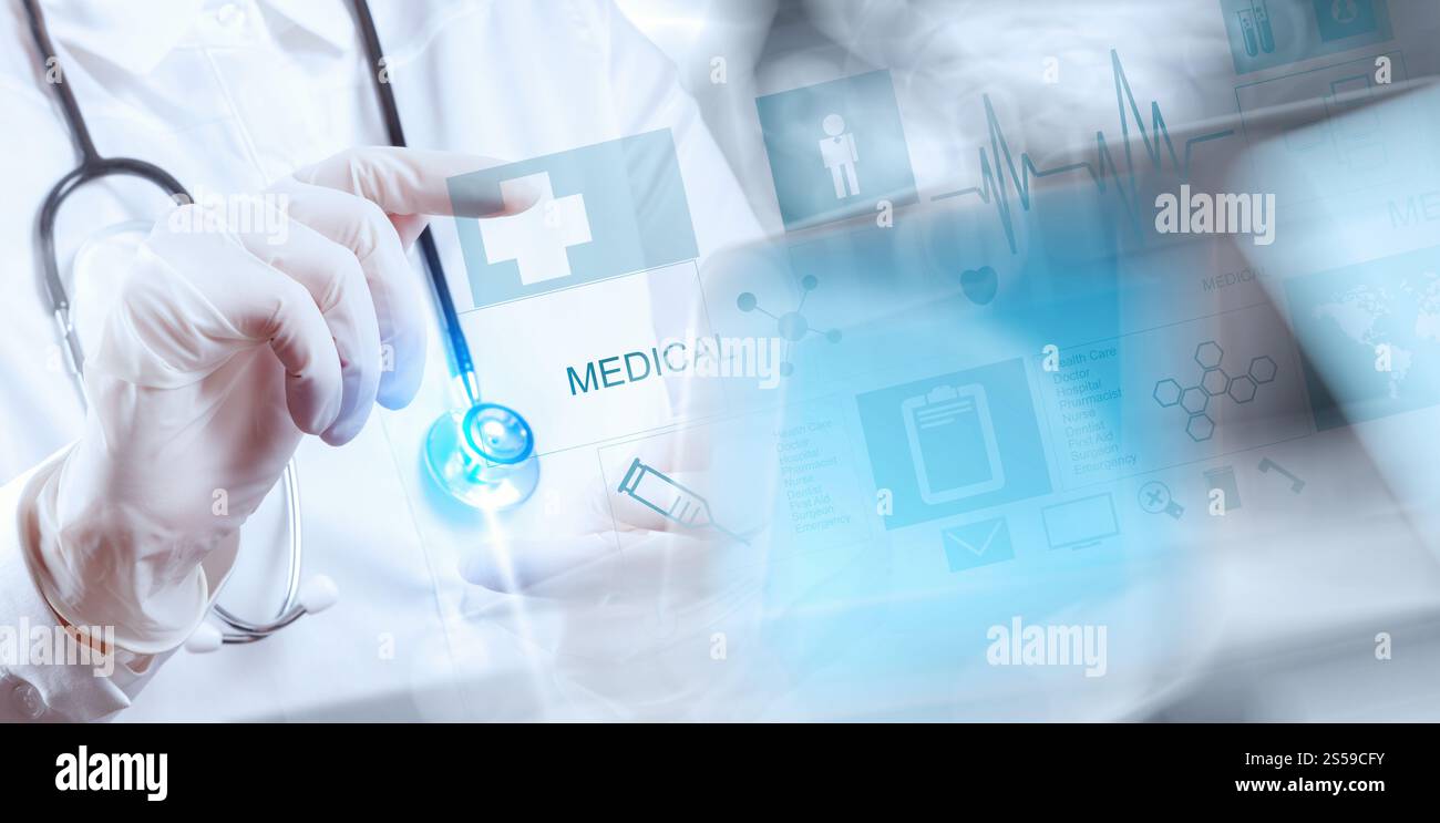 Medicine doctor hand working with modern computer interface as concept ...
